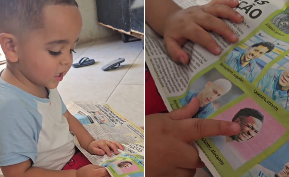 Menino de 2 anos viraliza ao se confundir com expressão de Vini Jr. em foto: “Tá chorando?”