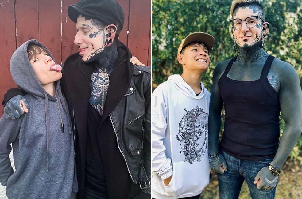 Pai com corpo inteiro tatuado mostra mudanças ao longo do último ano